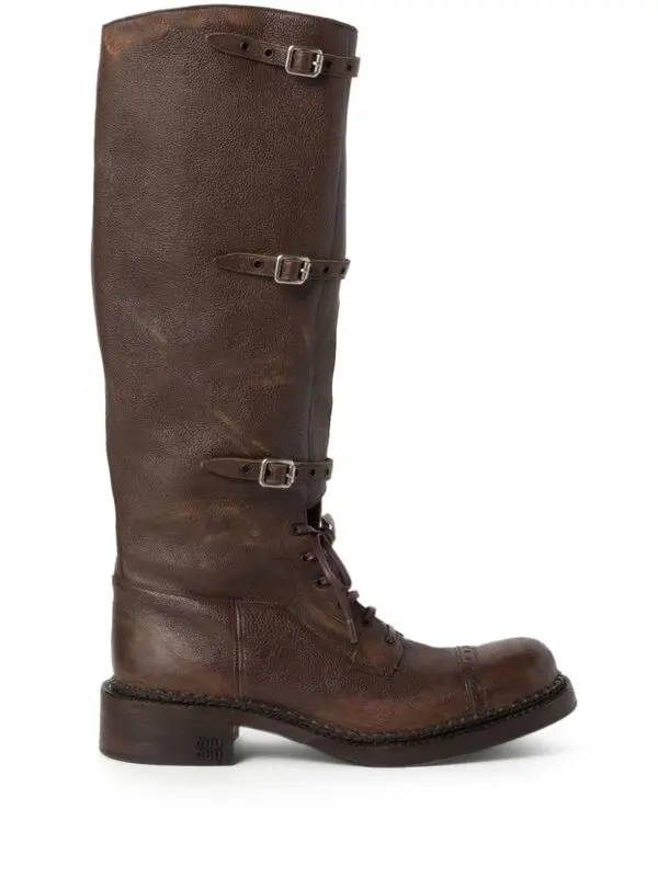 Miu Miu Lace-up Leather Boots - Brown