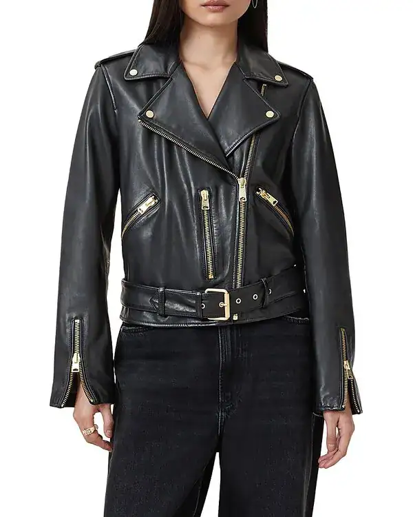 All Saints Balfern Leather Biker Jacket Black/Gold Editorialist