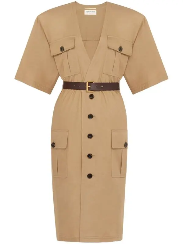 Saint Laurent Cotton Twill Midi Shirt Dress - Beige