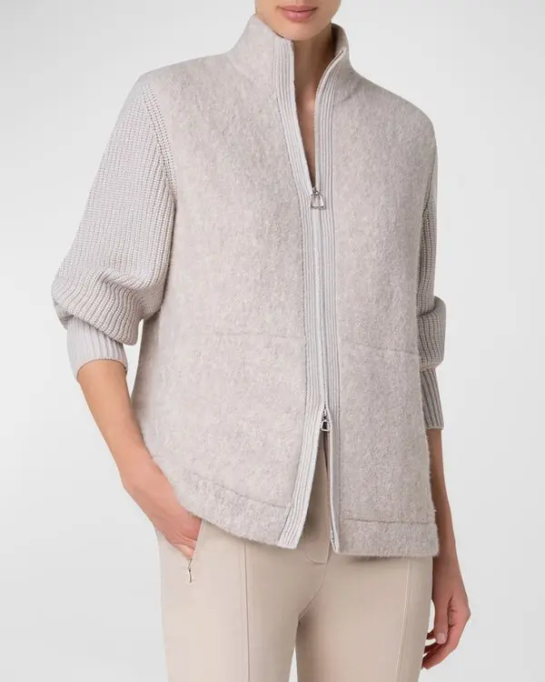Akris Cashmere And Silk Knit Cardigan With Boucle Front In Greige