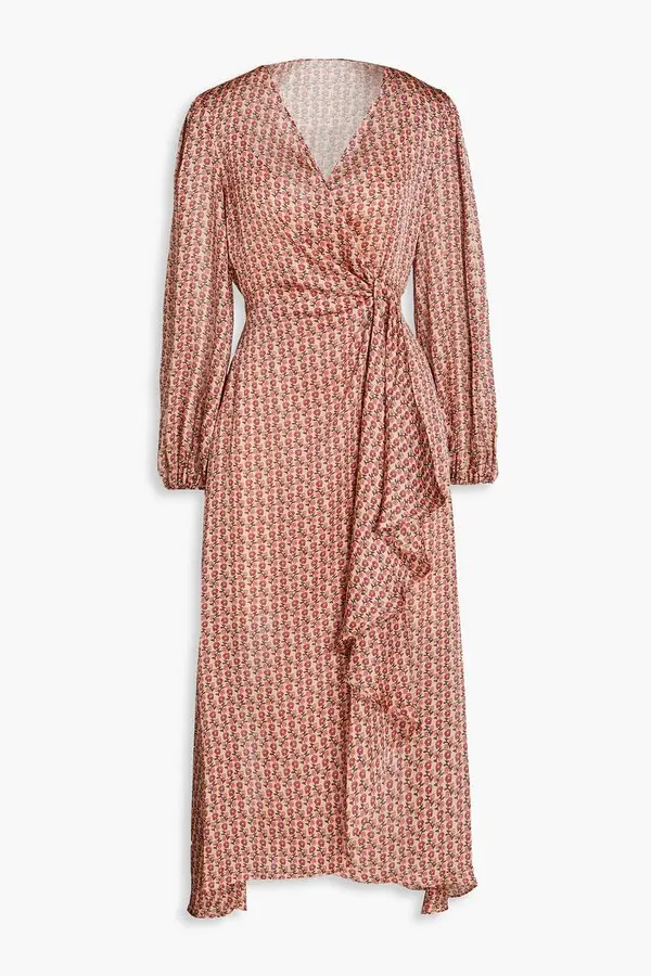 Maje Wrap-effect Floral-print Satin Midi Dress - Peach