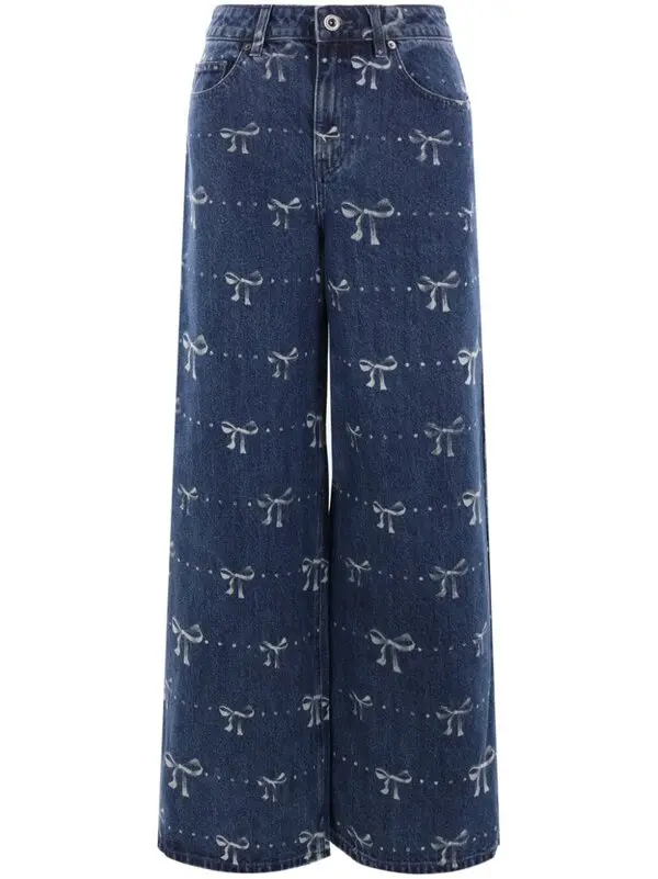 Self-Portrait Bow-Print Wide Leg Jeans - Blue | Editorialist