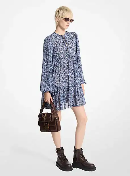 Michael Kors Floral Print Georgette Tie-Neck Mini Dress In Blue - 70% Off |  Editorialist