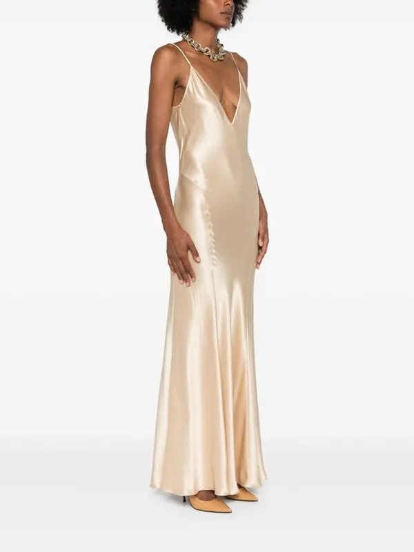Saint Laurent Silk V-neck Maxi Dress - Neutrals