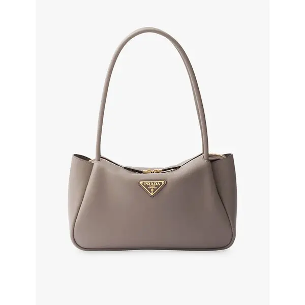 Prada Leather Shoulder Bag With Brand Plaque - Grey
