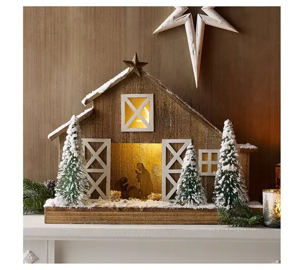MELROSE Led Natural Flocked Nativity Stable Dis Play 19.5'l