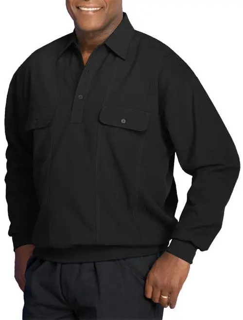 HARBOR BAY BY DXL Big & Tall Long-sleeve Mesh Panel Banded-hem Shirt - Black