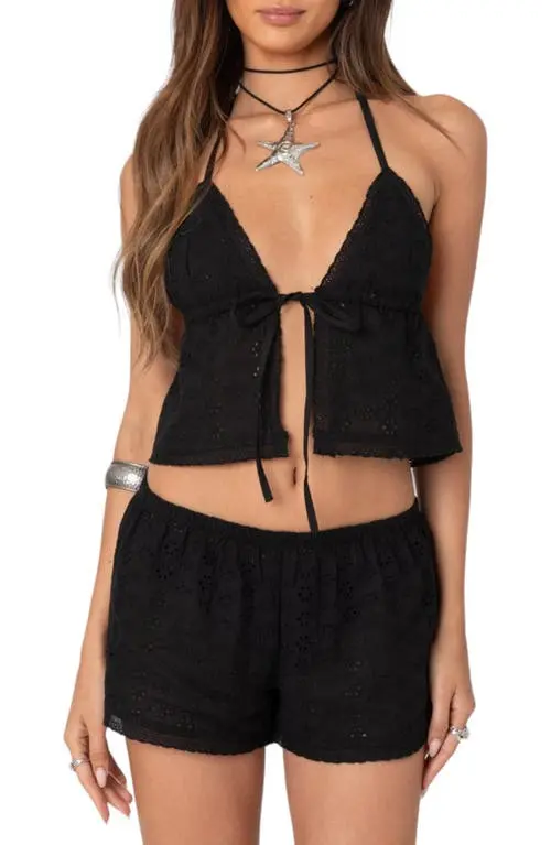 EDIKTED Jael Eyelet Halter Crop Top - Black