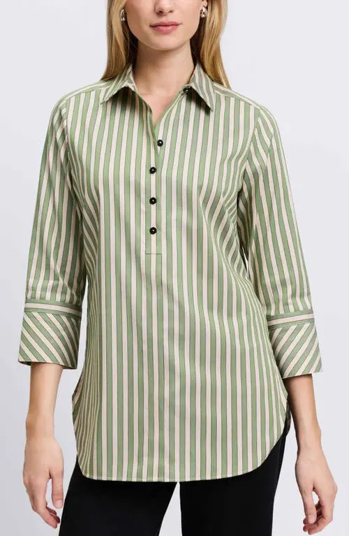 Foxcroft Madison Stripe Stretch Cotton Blend Top - Olive/neutral