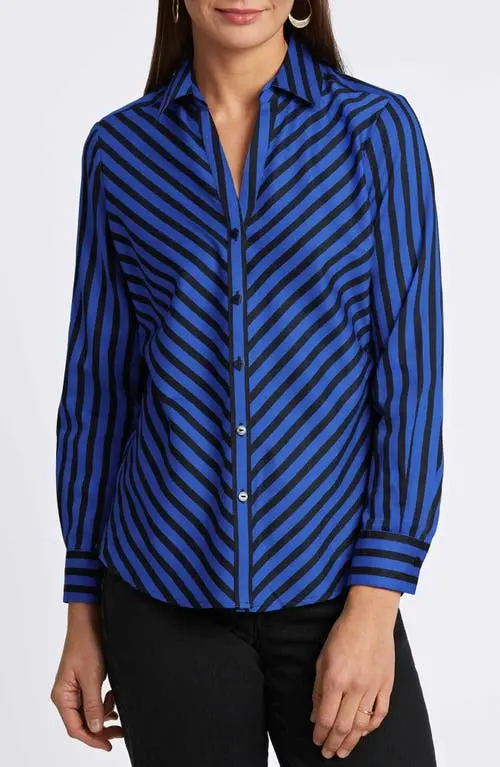 Foxcroft Mary Stripe Cotton Sateen Shirt - Sapphire/black