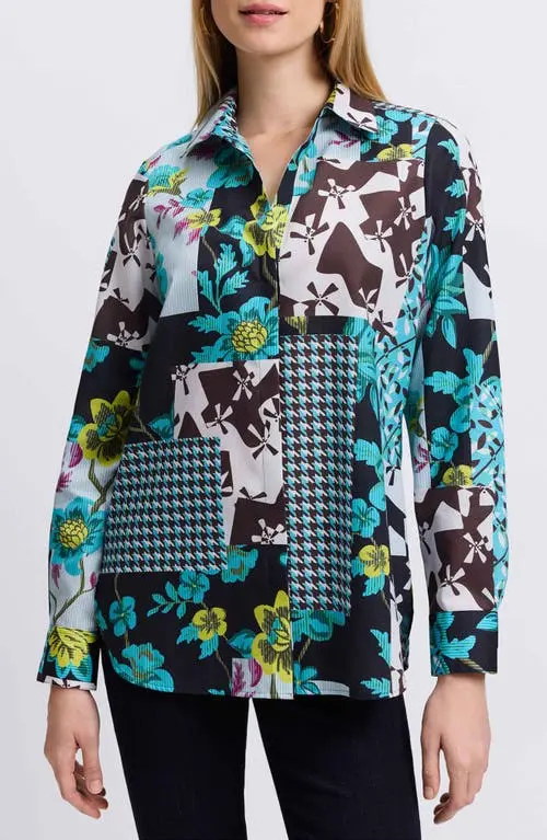 Foxcroft Kylie Print Cotton Sateen Button-up Shirt - Teal Multi