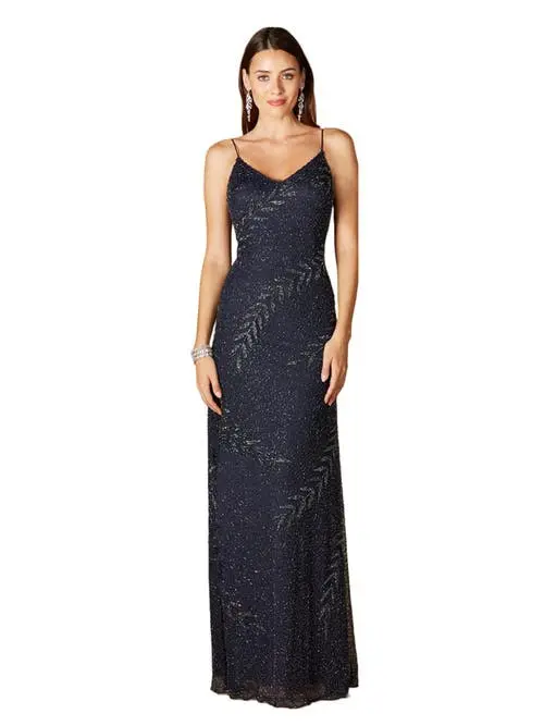 LARA NEW YORK Beaded Spaghetti Strap Gown - Navy