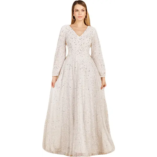 LARA NEW YORK Beaded Long Sleeve Gown