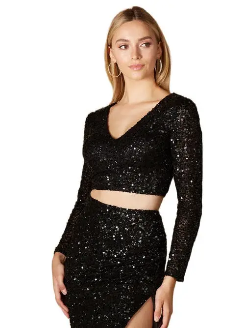 LARA NEW YORK Long Sleeve Beaded Top - Black