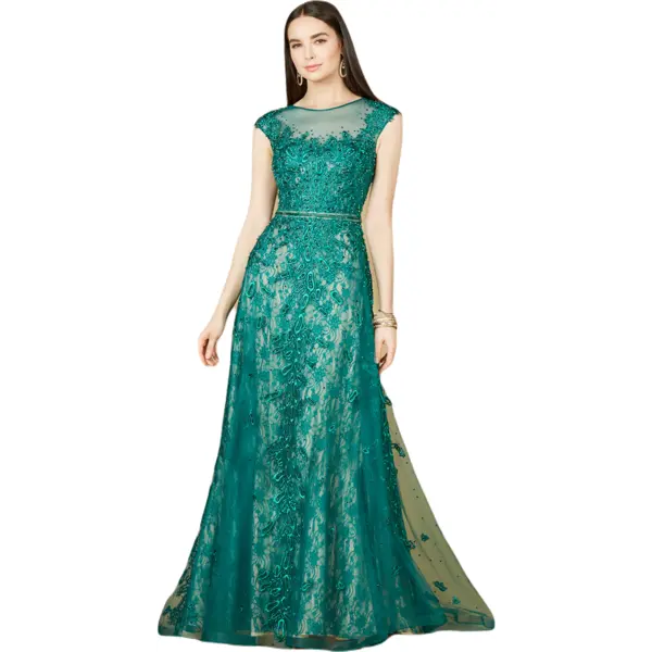 LARA NEW YORK Inspired Lace Gown With Cap Sleeves - Green