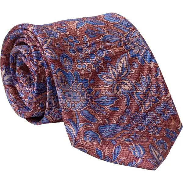 ELIZABETTA Catania Extra Long Printed Silk Neck Tie - Blue And Brick Red