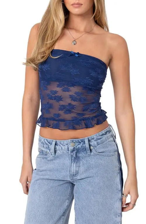 EDIKTED Ballet Lace Crop Tube Top - Navy