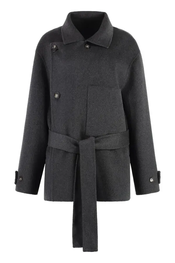 Philosophy Di Lorenzo Serafini Double-breasted Wool Coat With Belt - Grey