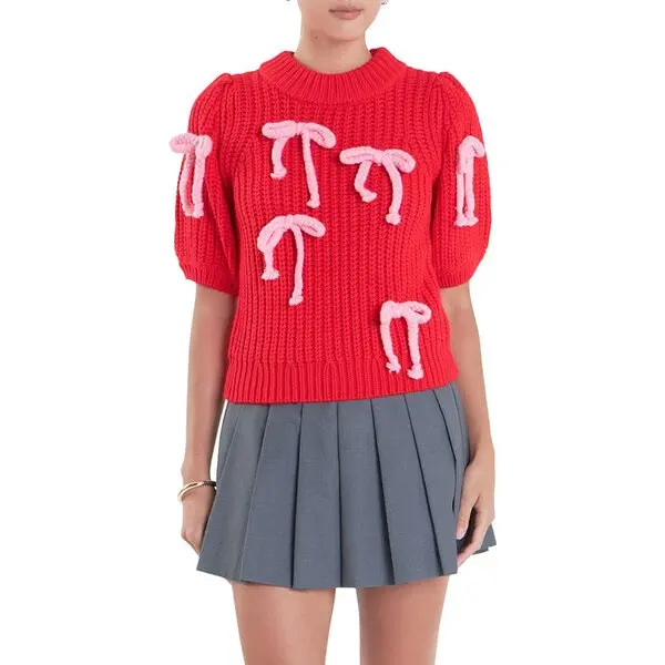 English Factory Bow Embellished Puff Sleeve Sweater