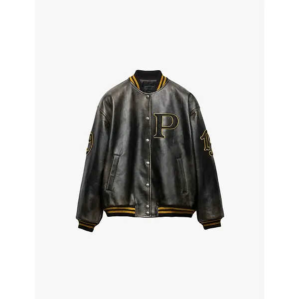 Prada Patch-motif Relaxed-fit Leather Bomber Jacket - Black