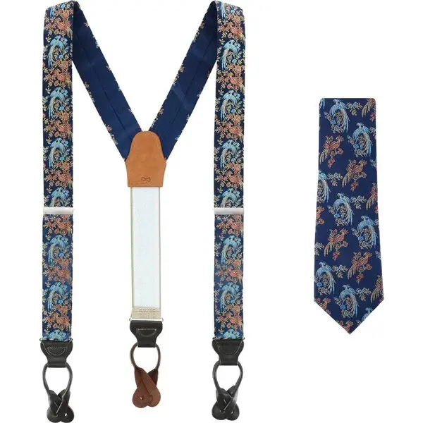 Trafalgar Birds Of Prosperity Silk Suspenders And Necktie Set - Navy