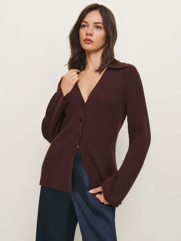 REFORMATION Shea Cashmere Collared Cardigan - Mahogany