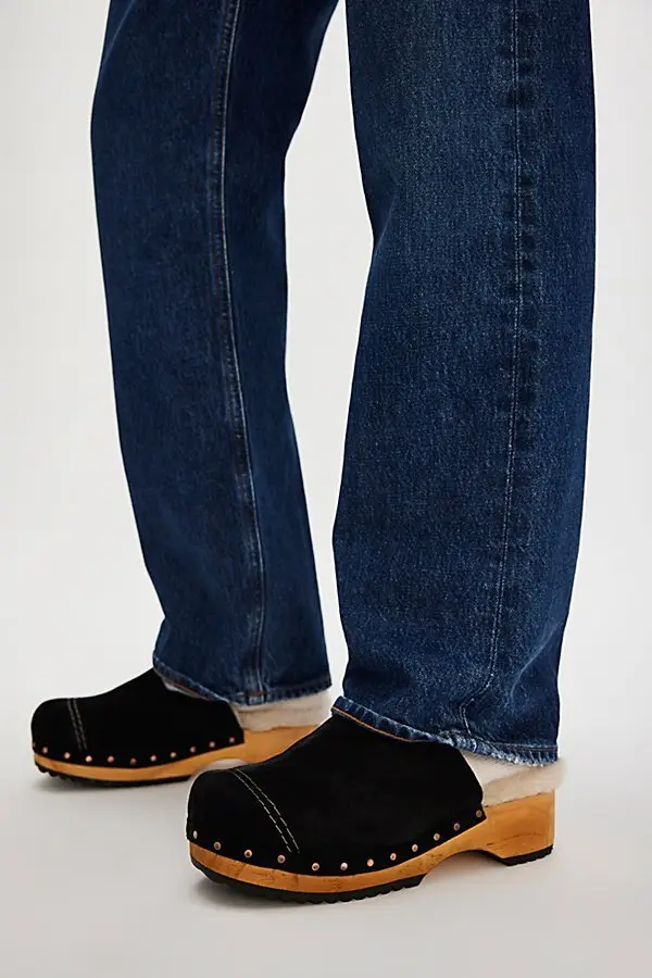 Free People Suede Clog Mules - Black Suede