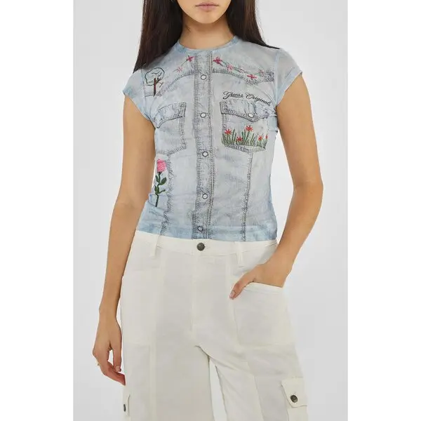 Guess Studded Denim Trompe L'oeil Mesh Graphic T-shirt - Go Printed Denim Embroidery