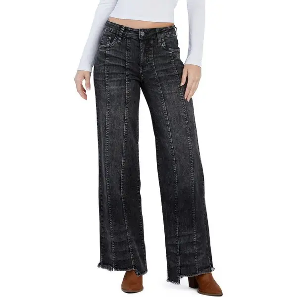 HINT OF BLU Seamed Wide Leg Jeans - Stormy Grey