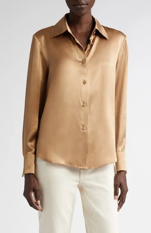 Lafayette 148 New York Silk Charmeuse Shirt - Camel