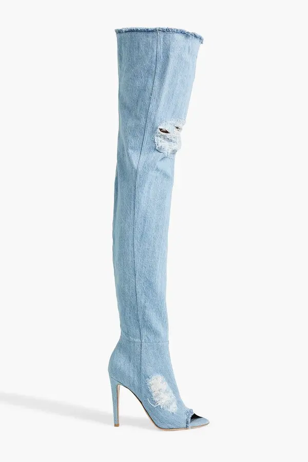 GIANVITO ROSSI Distressed Denim Over-the-knee Boots