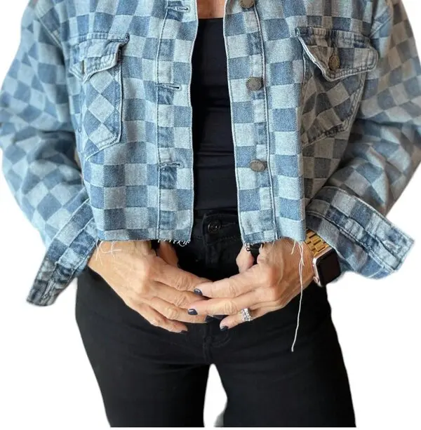 Buy Veveret Checkered Print Denim Crop Jacket In Light Denim - Blue At ...