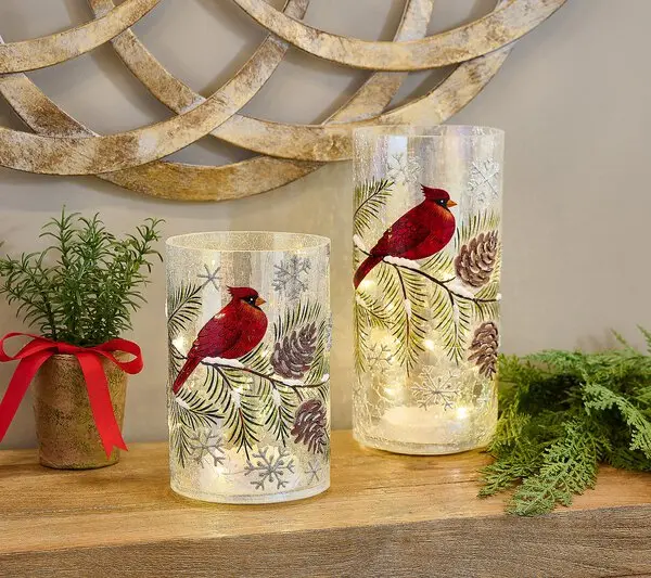 KRINGLE EXPRESS As Is Set Of 2 Lit Crackle Glasshurricanes