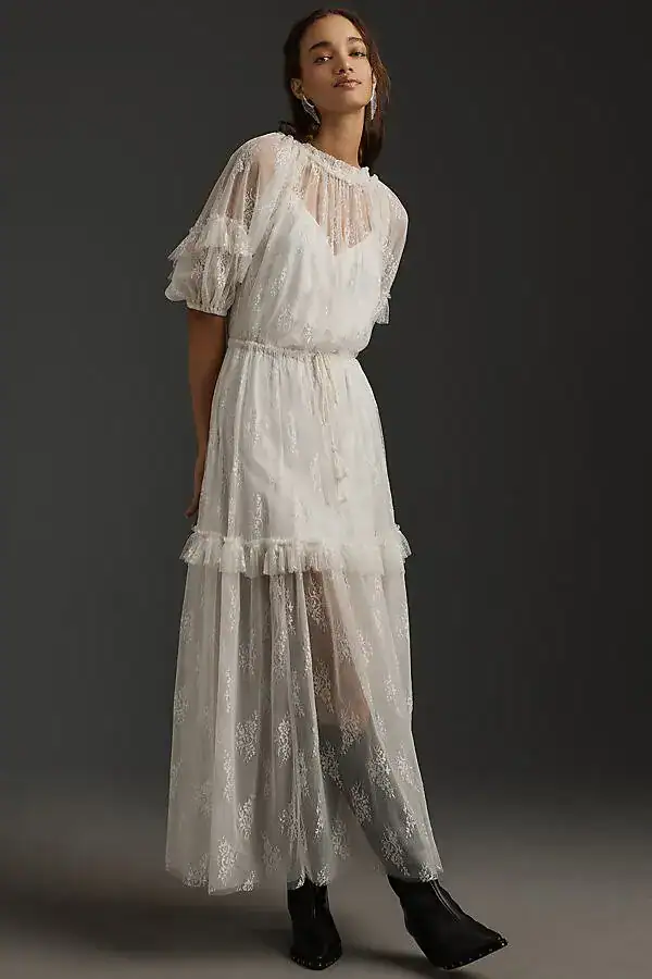 white dress with grey ruffle sleeves White Ruffle Long Sleeve Dress White (Without Plaid) / L main image 1