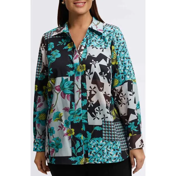 Foxcroft Kylie Cotton Sateen Button-up Shirt - Aqua/green Multi