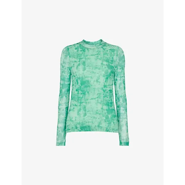 Whistles Brushwork-print Long-sleeve Stretch-mesh Top