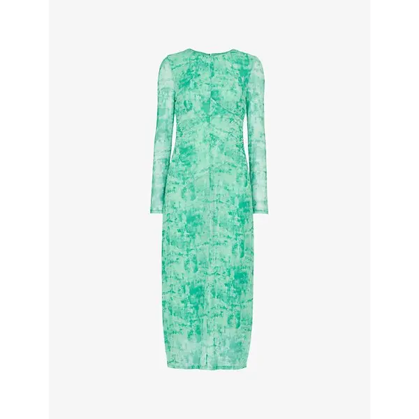 Whistles Brushwork-print Slim-fit Stretch-mesh Midi Dress