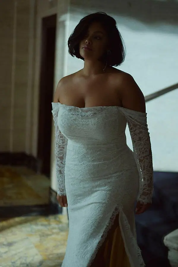 Jenny Yoo Jenny Dove Long-Sleeve Off-The-Shoulder Lace Wedding Gown - White  | Editorialist