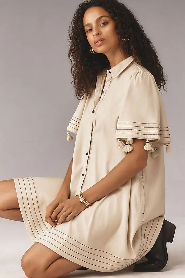 Maeve Collared Linen Button-Front Tassel Mini Dress - Beige | Editorialist