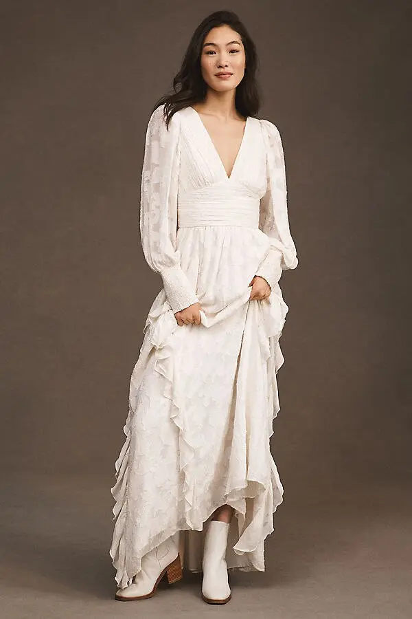 Bhldn Donna Long-Sleeve V-Neck Ruffled Maxi Dress - White | Editorialist
