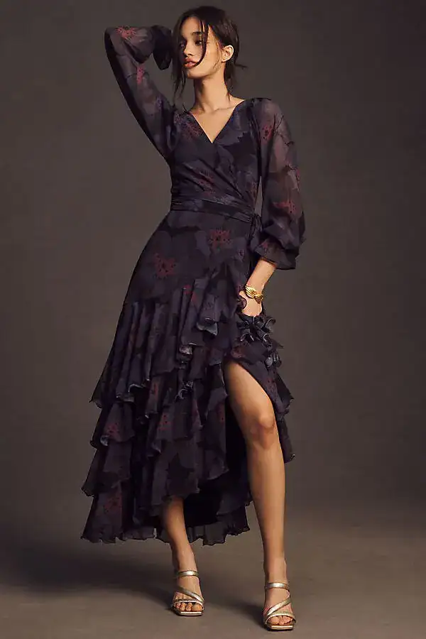 Hutch Kya Long-Sleeve V-Neck Printed Tiered Wrap Maxi Dress - Multicolor |  Editorialist