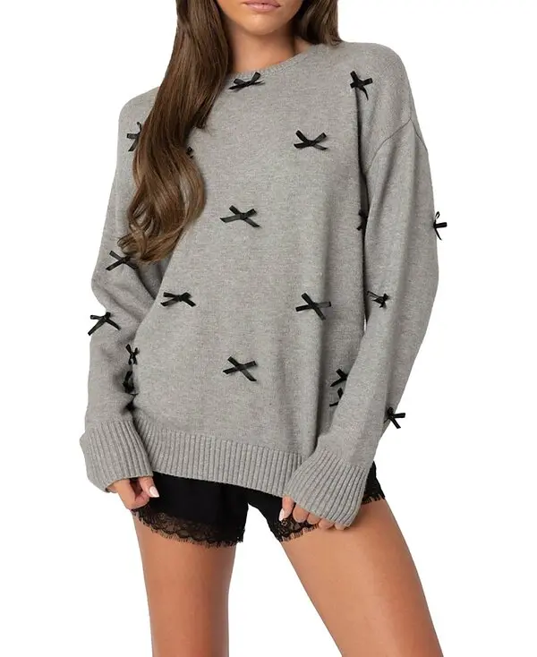 EDIKTED Satin Bow Oversized Sweater - Gray Melange