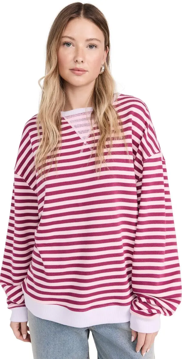 Free People Classic Striped Crew Sweatshirt - Raspberry Combo