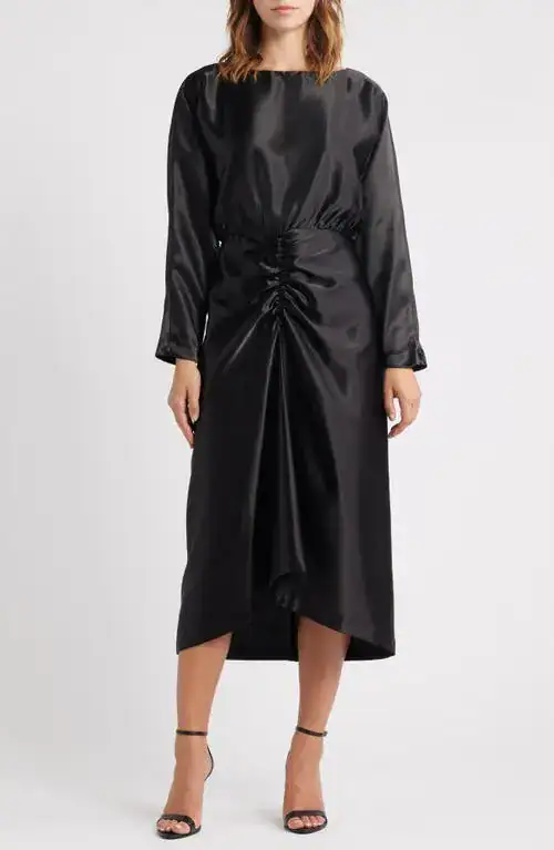 black dress with jewellery Open Back Cap Sleeves Black Satin Long Prom Dresses, Cap Sleeves Black –  Lwt Dress main image 0