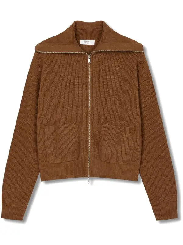 STUDIO TOMBOY Oversize-collar Zip-front Cardigan - Brown