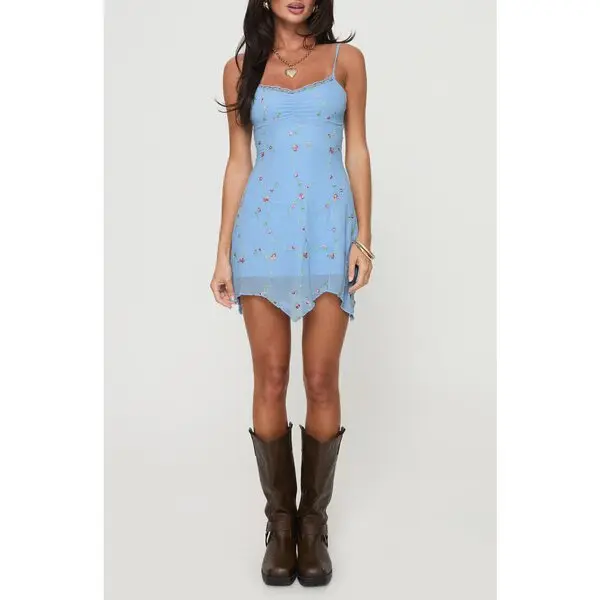 Princess Polly Floral Embroidered Handkerchief Hem Minidress