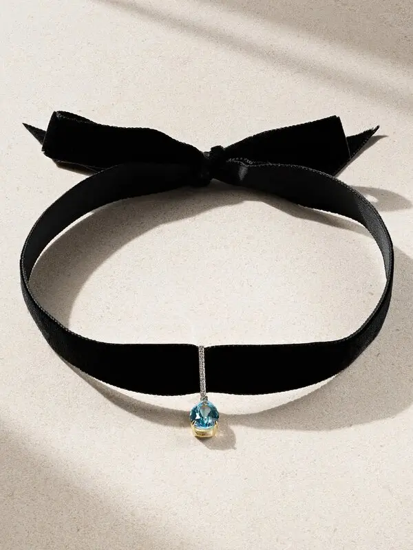 Mateo 14-karat Gold, Velvet, Topaz And Diamond Choker - Black