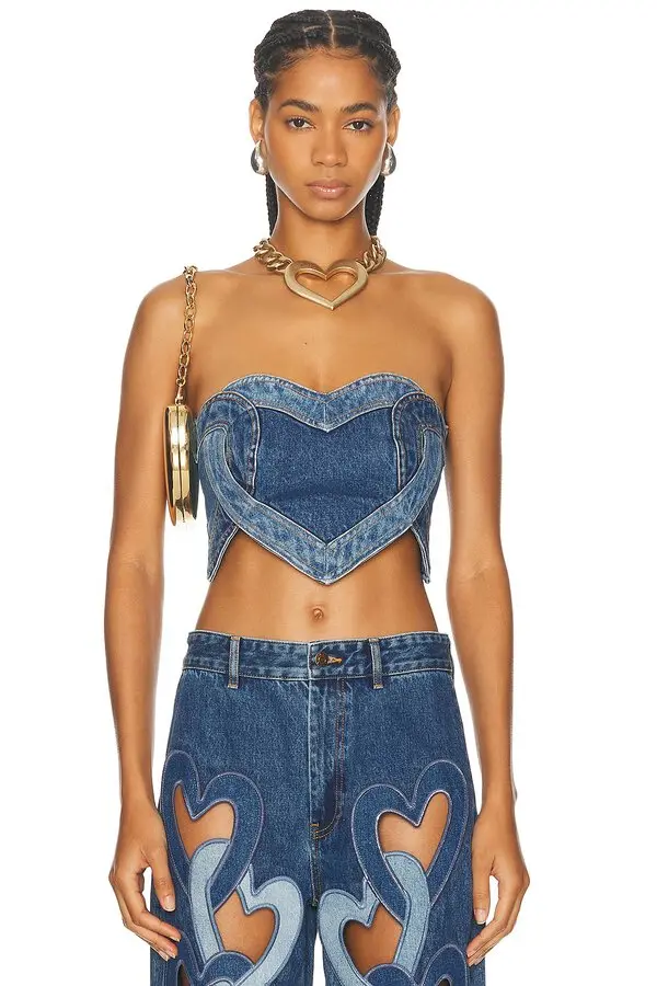 AREA Heart Strapless Denim Top - Multi Denim Wash