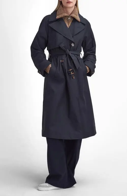 Barbour Gwyn Water Resistant Trench Coat - Black/ Muted Cabernet Tartan