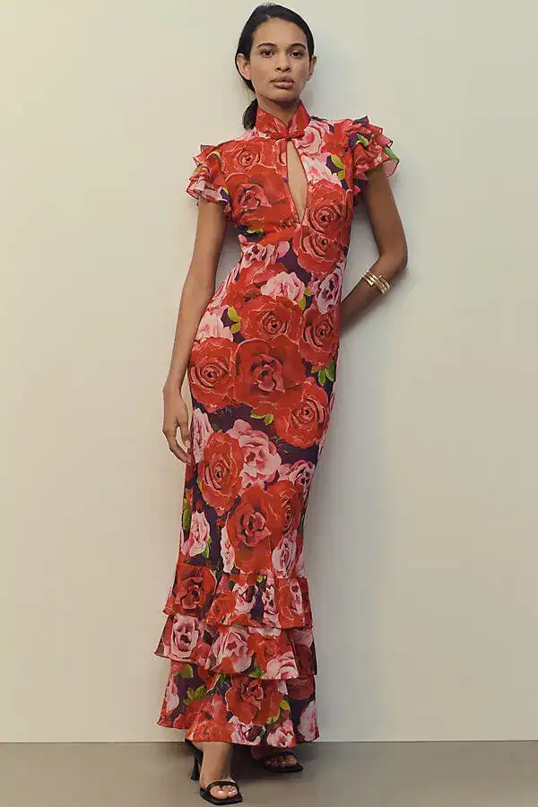 Sau Lee Gracie Ruffle-Sleeve Maxi Dress In Red - 45% Off | Editorialist